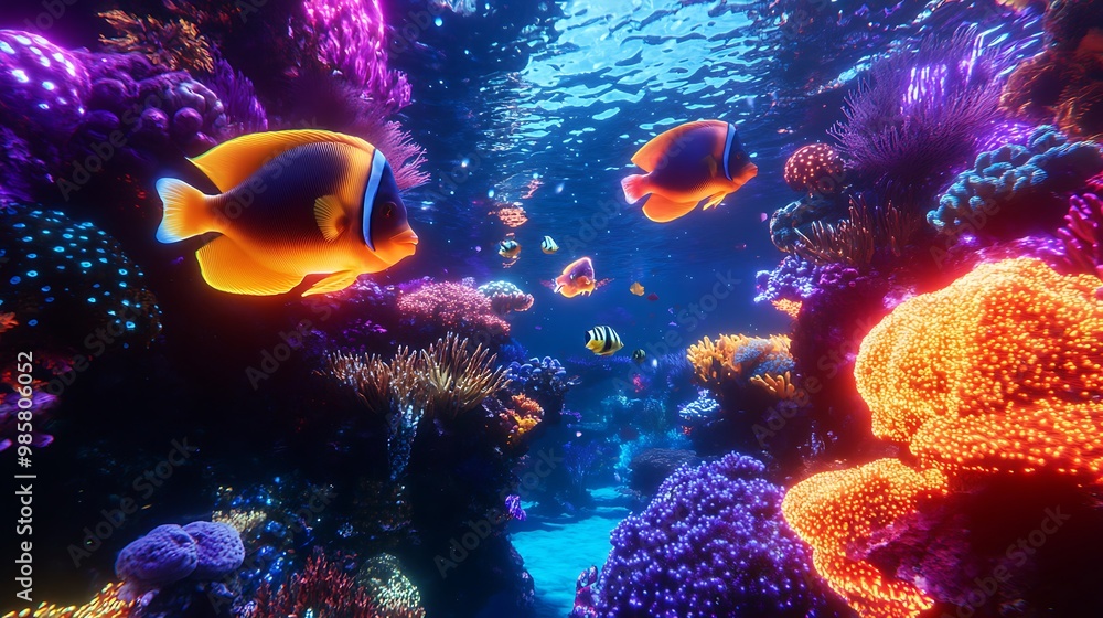 Underwater animals in a vibrant 4D photo, with glowing fish and ...