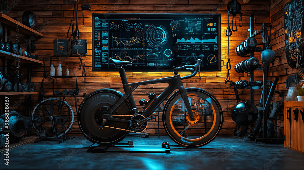 a photostock image of a high-tech fitness bike with augmented reality ...