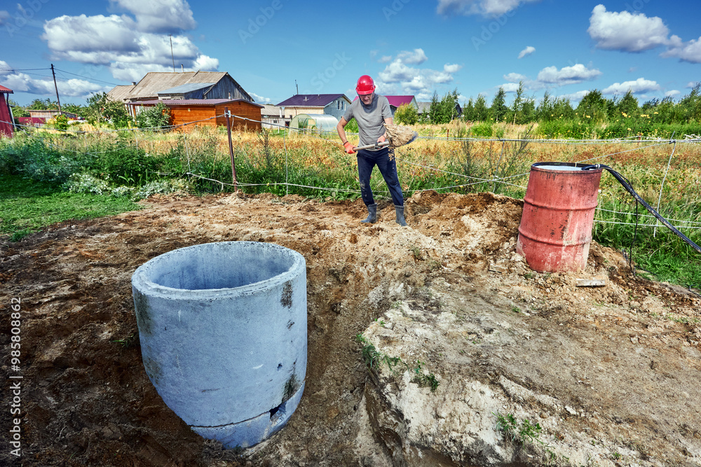 Installation of sewerage system for country house, construction of ...