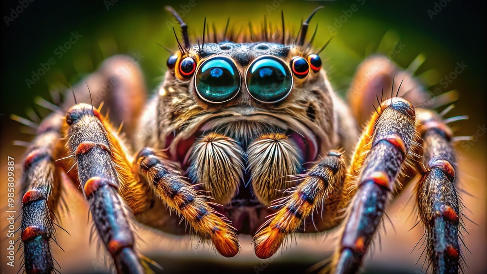 A detailed close-up reveals a spiderâ€™s cephalothorax, highlighting ...