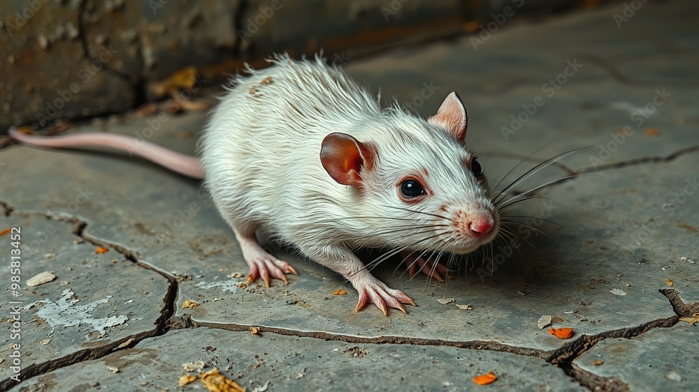 A malnourished, mangy white rat with dull, lifeless eyes and dry ...
