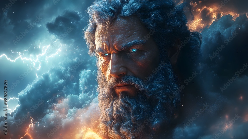 ภาพประกอบสต็อก Mighty Zeus Greek God of the Sky Wielding Thunderbolt ...