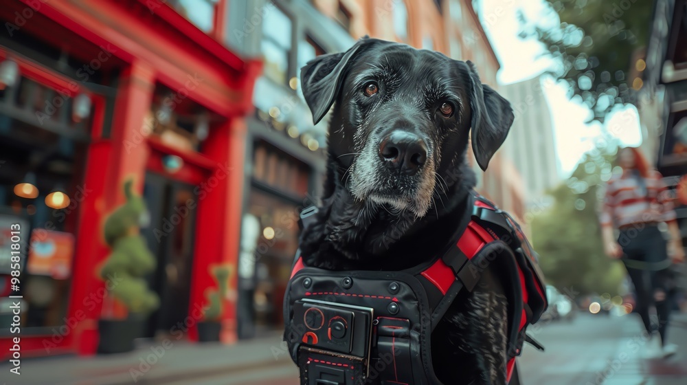 Labrador Retriever wearing a service dog vest, guiding a person, city ...