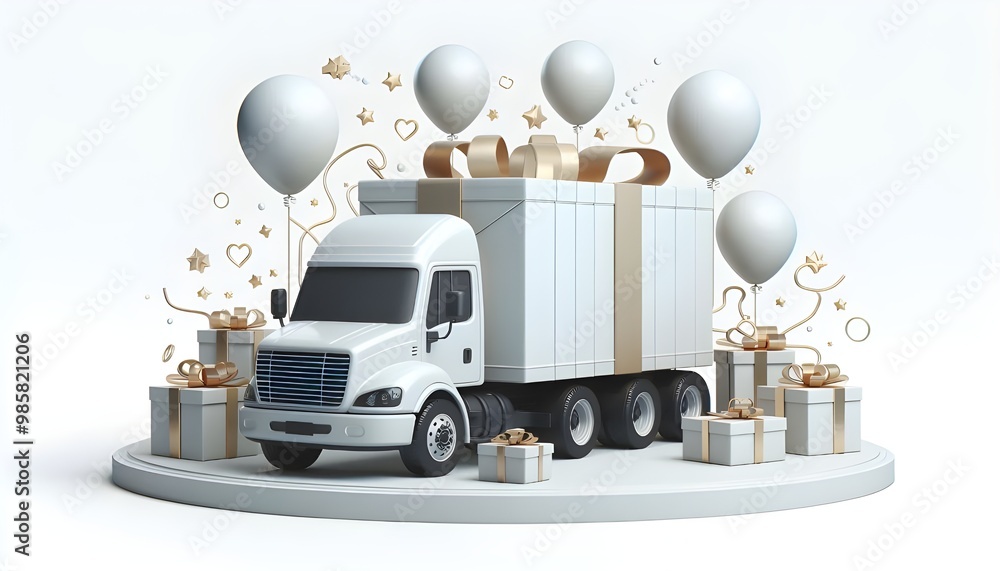 Truck delivering present on white background with mock up place for ...