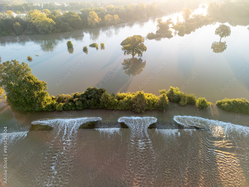 Water pouring over flood embankments during flood in Wroclaw, Poland in ...