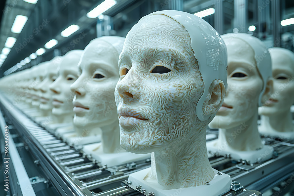 Photo A factory conveyor belt producing identical human faces, all with ...