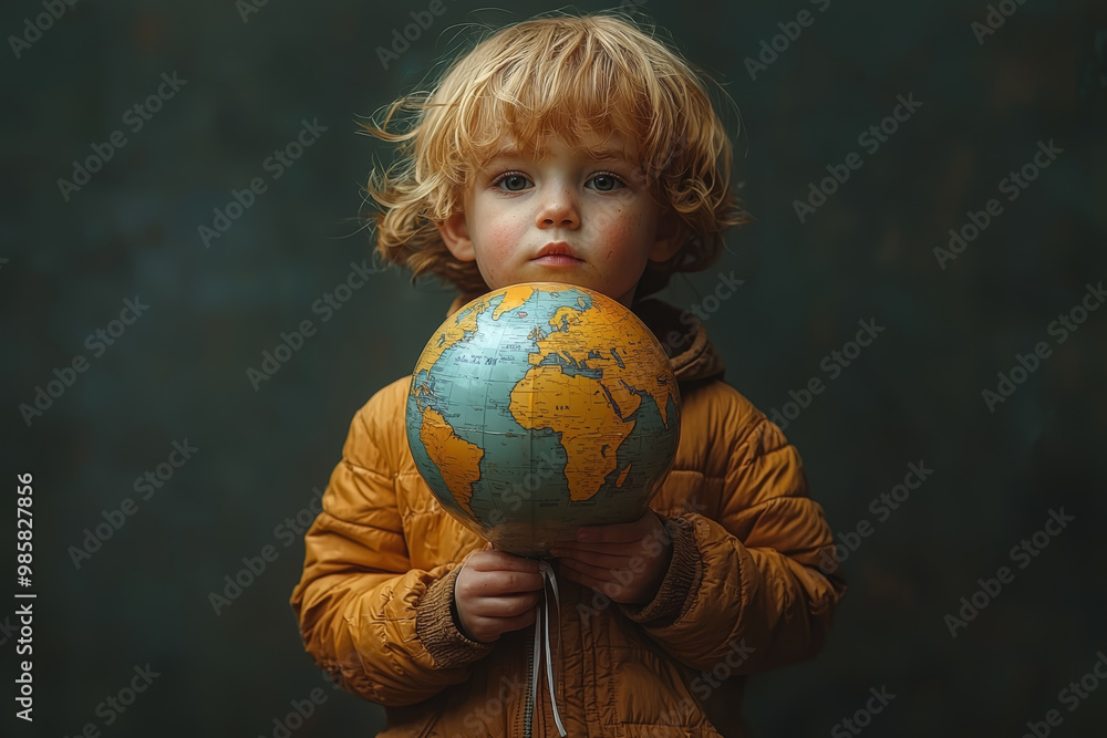 A child holding a balloon shaped like a world globe, with it slowly ...