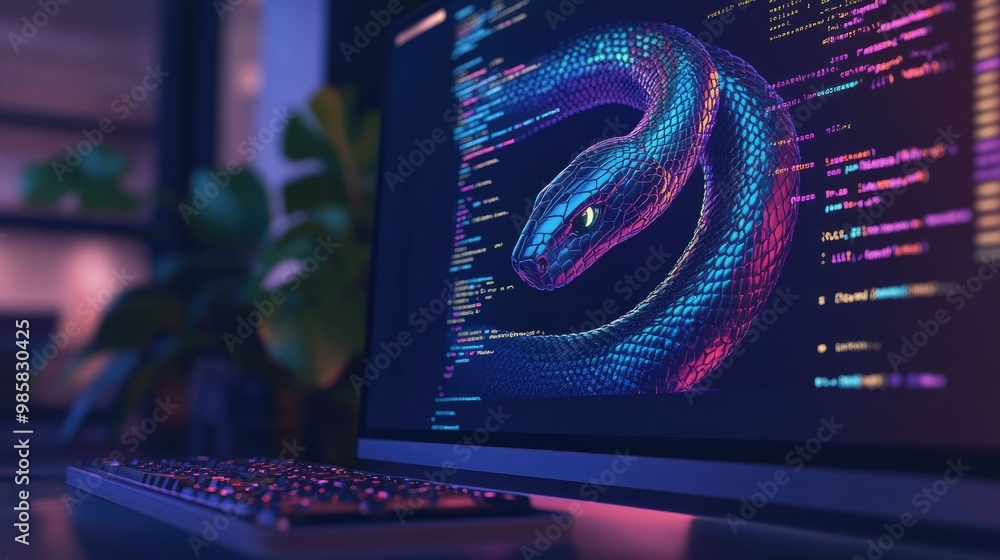 Data engineering: A computer screen displaying Python code with a digital snake, representing ...