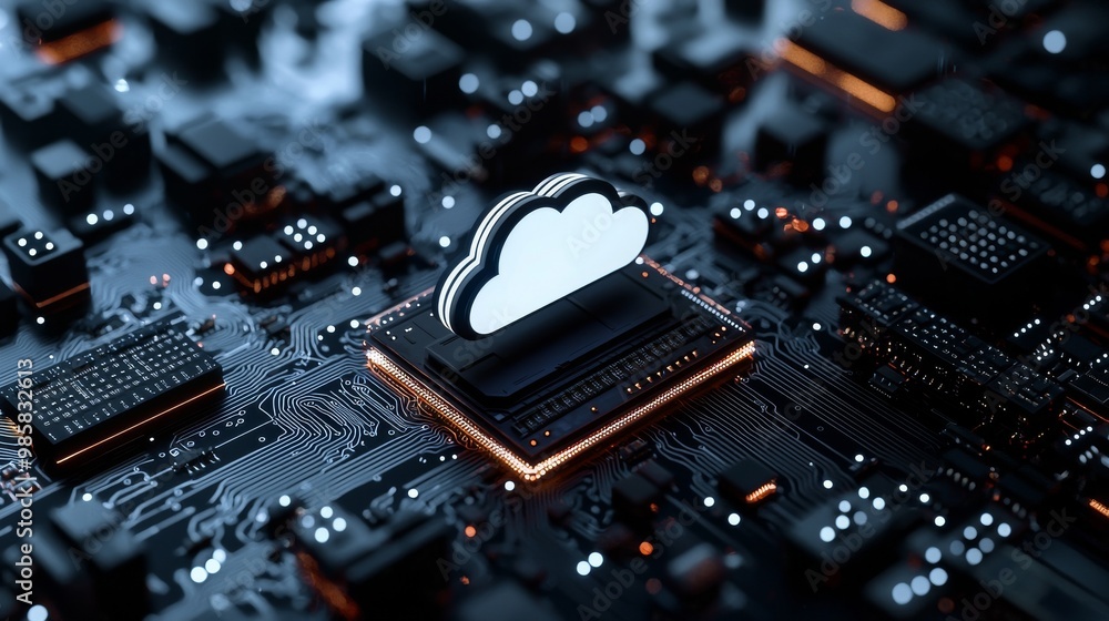 This Concept Depicts A Cloud Upload Symbol On A Microchip Data Flows