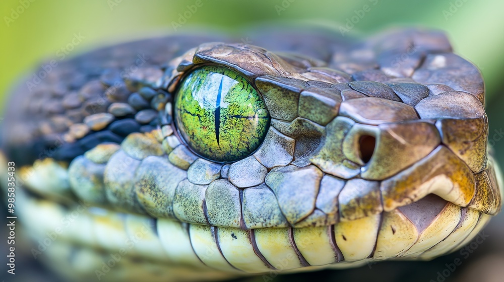 A close-up photograph of a snake's eye in the tropical jungle. The ...