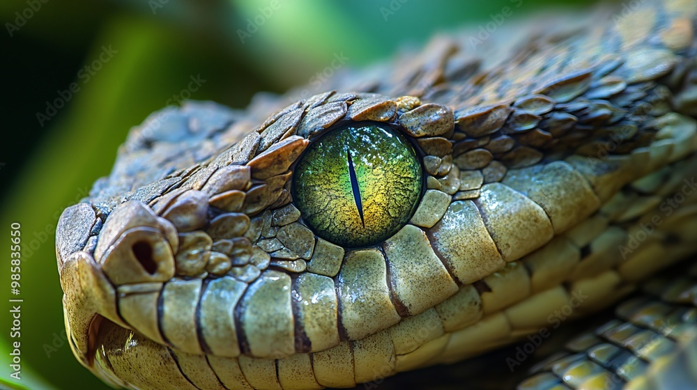 A close-up photograph of a snake's eye in the tropical jungle. The ...