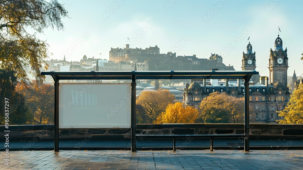 An empty bus stop sign with a backdrop of Edinburgh's skyline, hinting ...