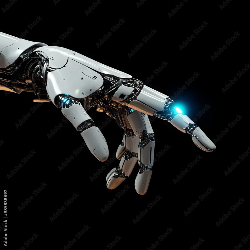 In the black background, a white semi- shell mechanical hand with a ...