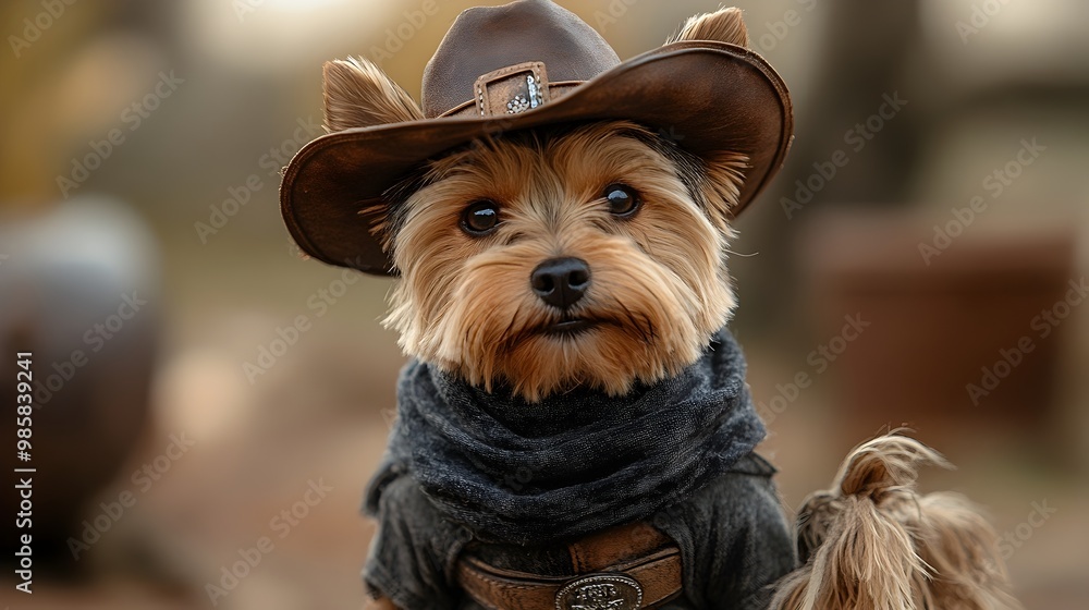 Adorable Yorkshire Terrier Dressed as Cowboy Riding a Tiny Hobby Horse ...