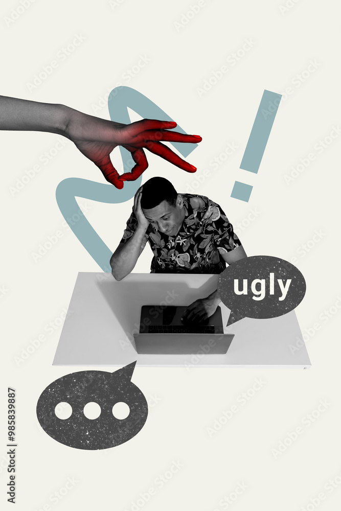 Vertical collage young man cyberbullying social media harassment laptop ...