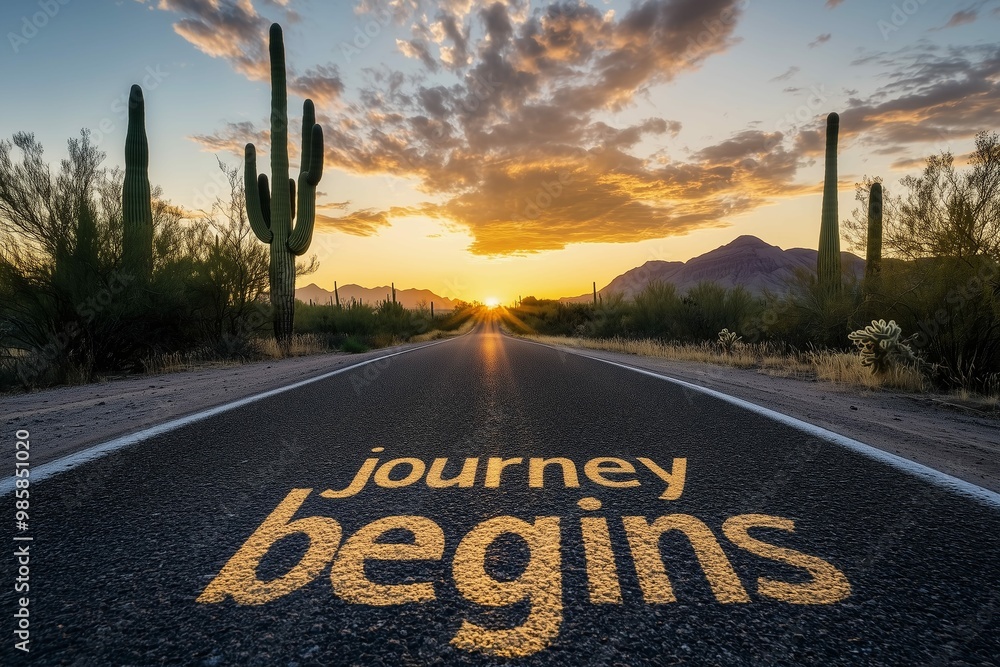 Journey begins text written on the asphalt road, concept for the start ...