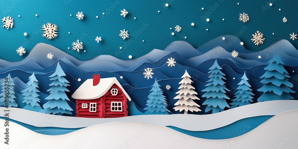 Winter landscape with a red cabin, pine trees, and snowflakes made from ...