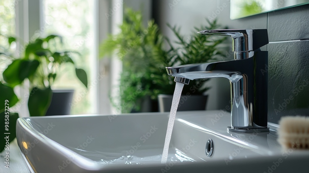 Water flowing from a faucet in a modern bathroom sink, emphasizing ...