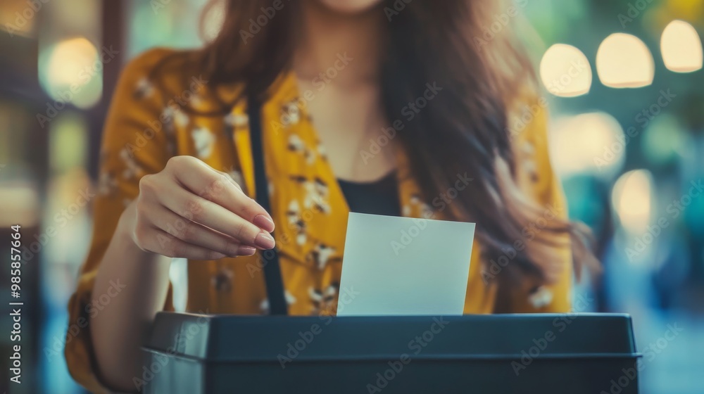 Woman placing her vote into a ballot box, captured up close with a ...