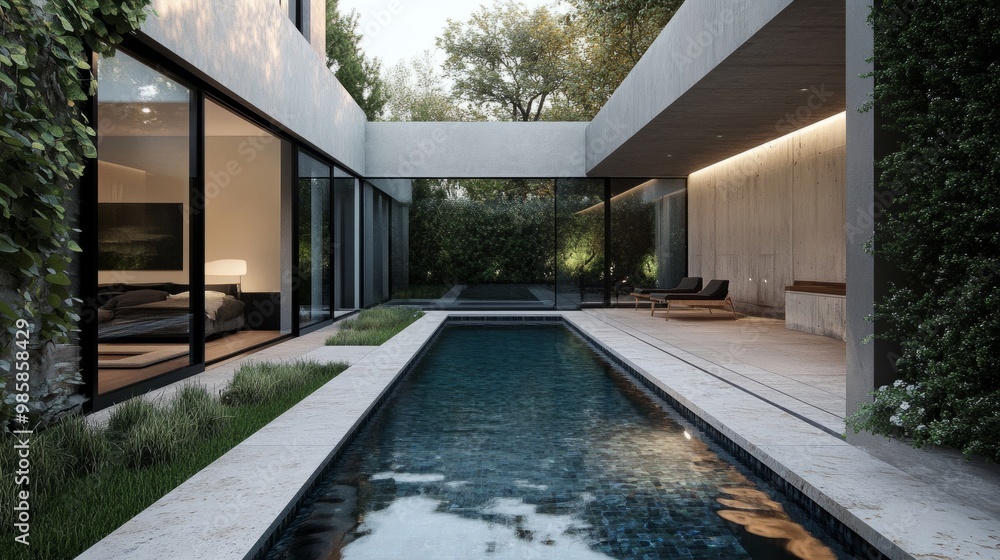 Narrow lap pool design in a modern courtyard, featuring sleek glass walls, simple stone tiling ...