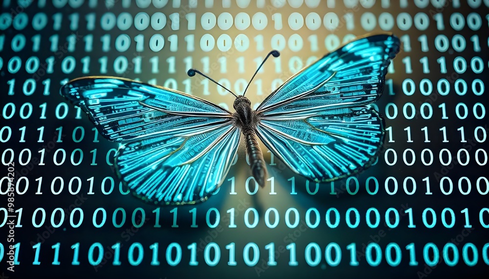 Digital artwork of butterflies with circuit patterns, superimposed on a ...