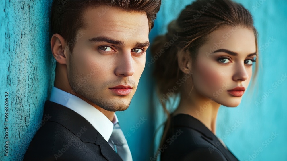 A young couple's dramatic pose tells a story: the attractive female is ...