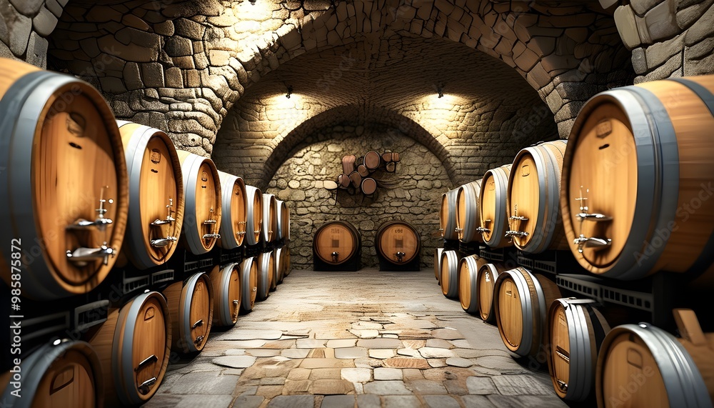 Elegant wine barrel nestled within a rustic wine cellar, embodying the ...