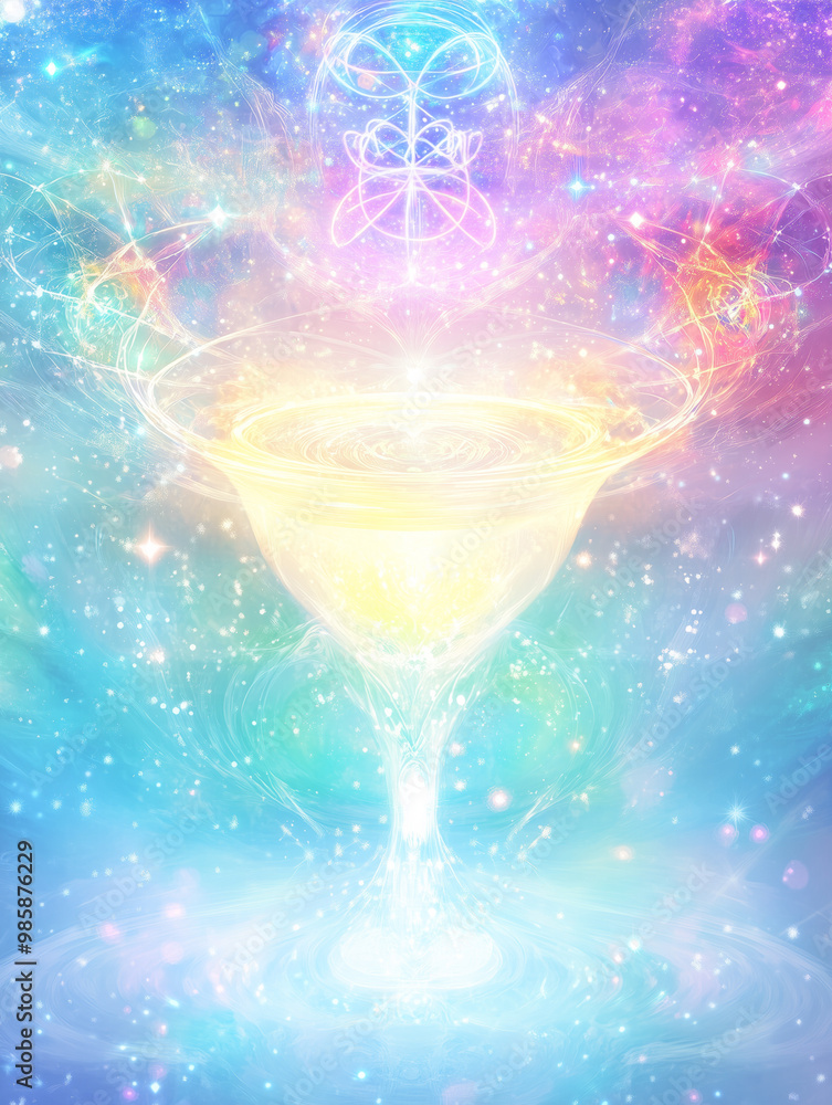 A giant white glowing crystal chalice of light rises from a blur light ...