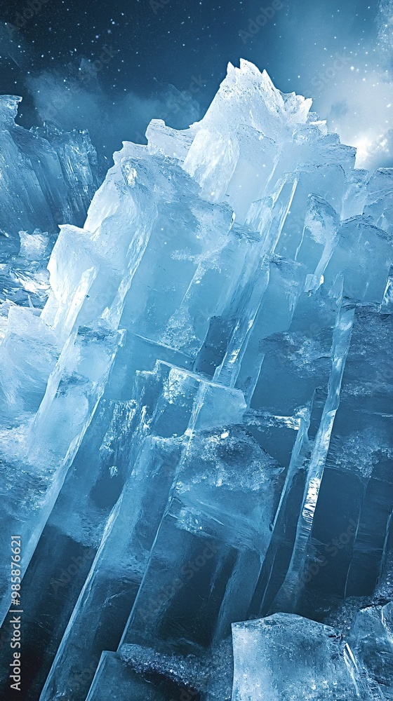 Jagged ice formations rise up towards the starry night sky, showcasing ...