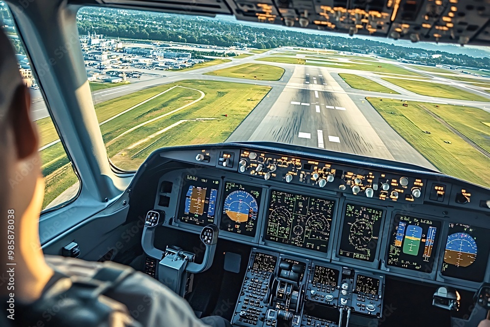 Airline pilot is landing an airplane at an airport runway. With a clear ...