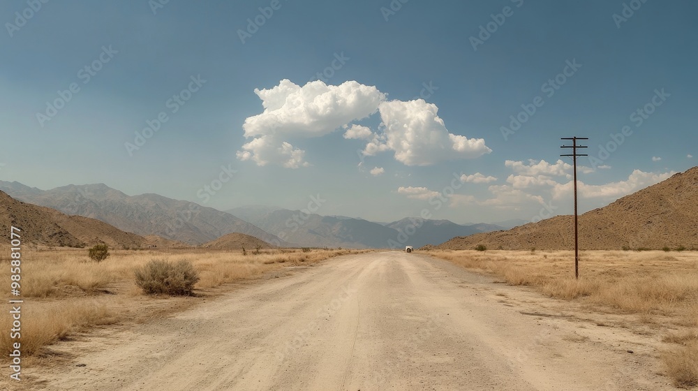 A lone, dusty road stretches into the distance, framed by rolling ...