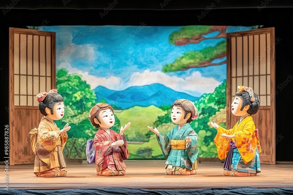 Traditional Japanese Bunraku Puppet Theater A performance of ...