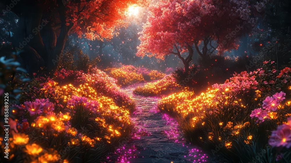 enchanted spring garden render bioluminescent flowers fairy lights ...