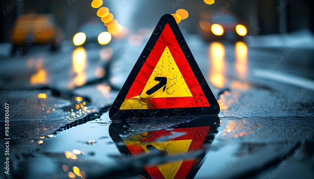 Reflective emergency triangle sign glistening on a wet cracked road ...