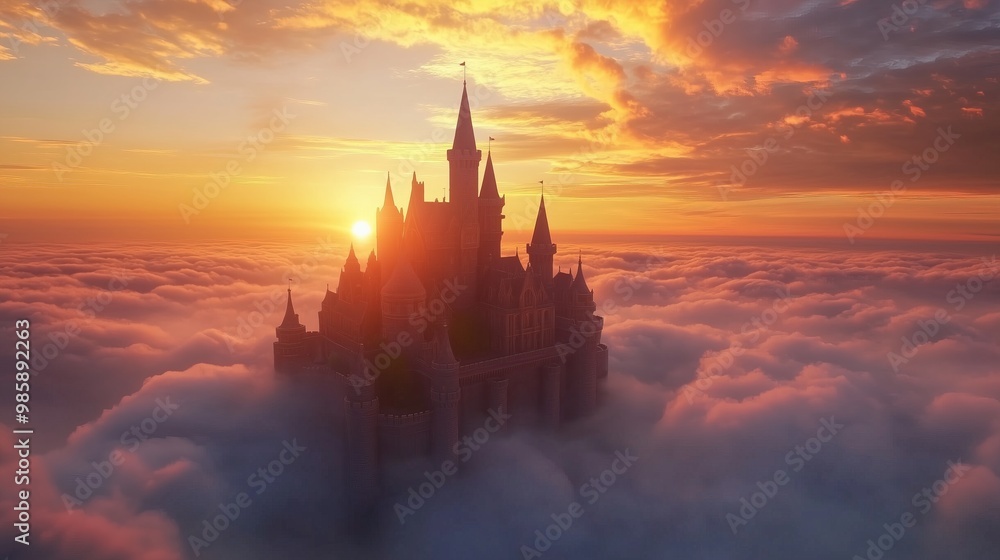 Enchanting fairy tale castle floating above clouds at sunset Stock 일러스트레이션 | Adobe Stock