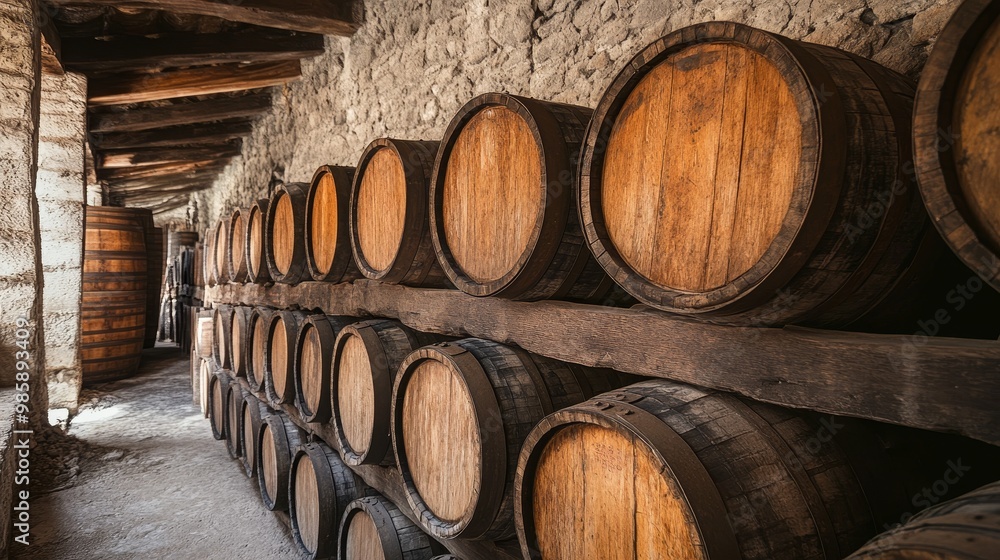 A side view of stacked wooden barrels of tequila aging in a rustic ...