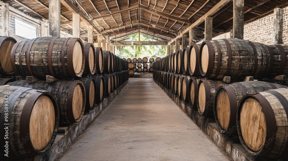 A side view of a row of tequila barrels stacked in an old factory ...