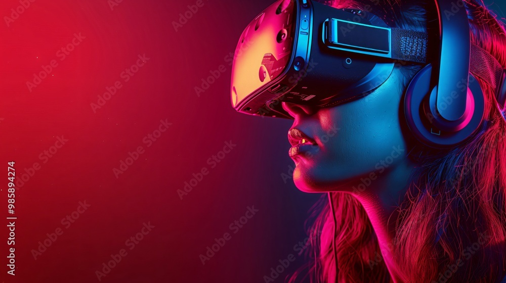 Woman immersed in virtual reality, wearing a headset and headphones ...