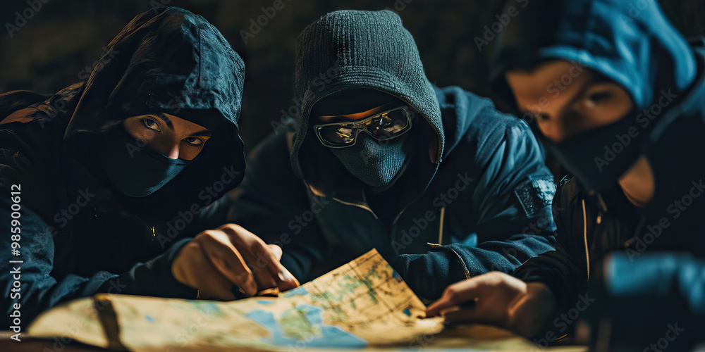 Heist in the Making: A group of masked figures huddled around a map ...