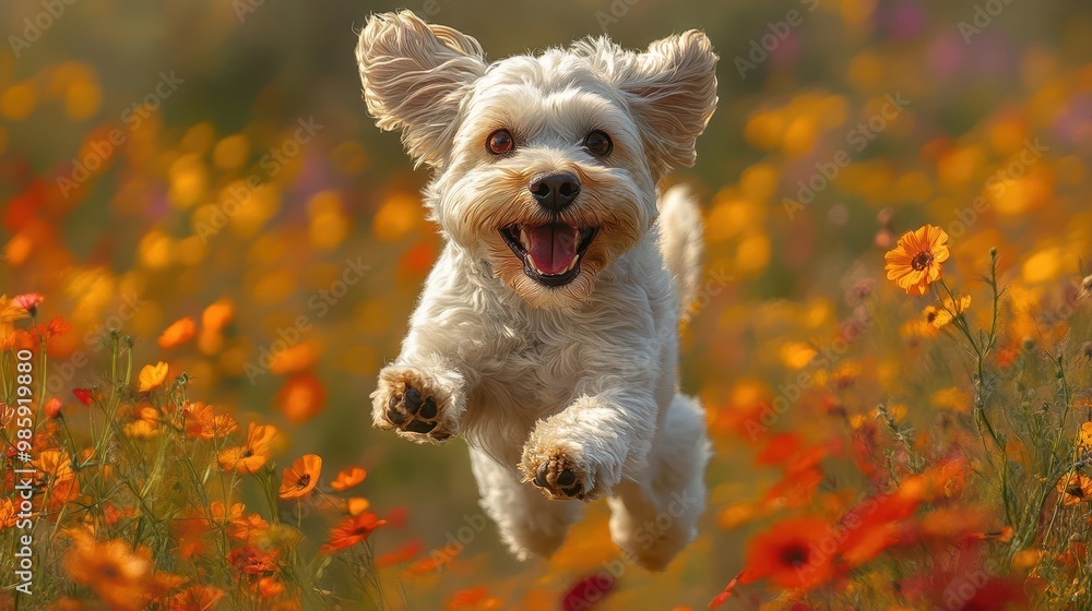 exuberant canine parkour artist midleap across a vibrant wildflower meadow joyful expression and ...