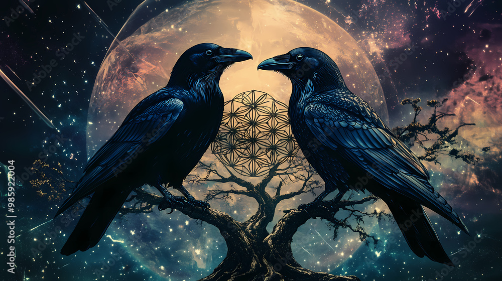 Pair of ravens with tree of life and sacred geometry flower of life ...
