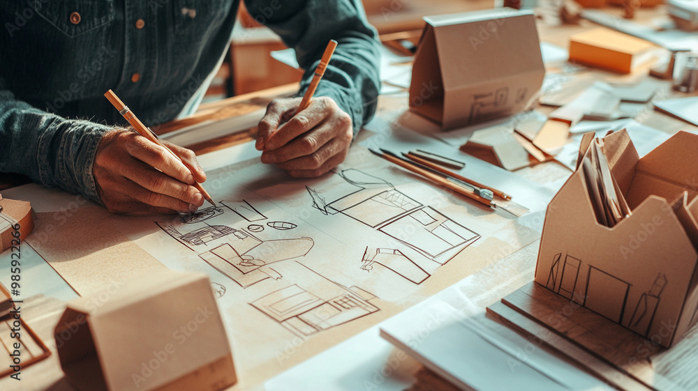 Designer sketching packaging concepts with paper prototypes and design ...