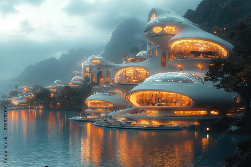 floating harbor city at twilight bioluminescent waters futuristic ...