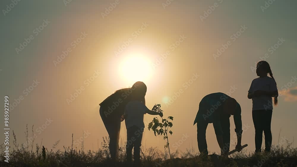 Family planting tree with shovel at sunset. Parents children work ...