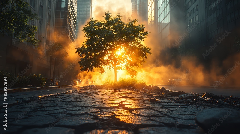 Heat rising from cracked pavement in an urban heat island, visualizing ...