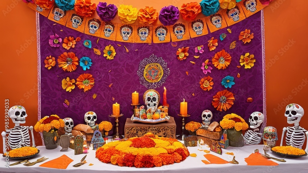An ofrenda for Día de los Muertos with marigolds, sugar skulls, candles ...