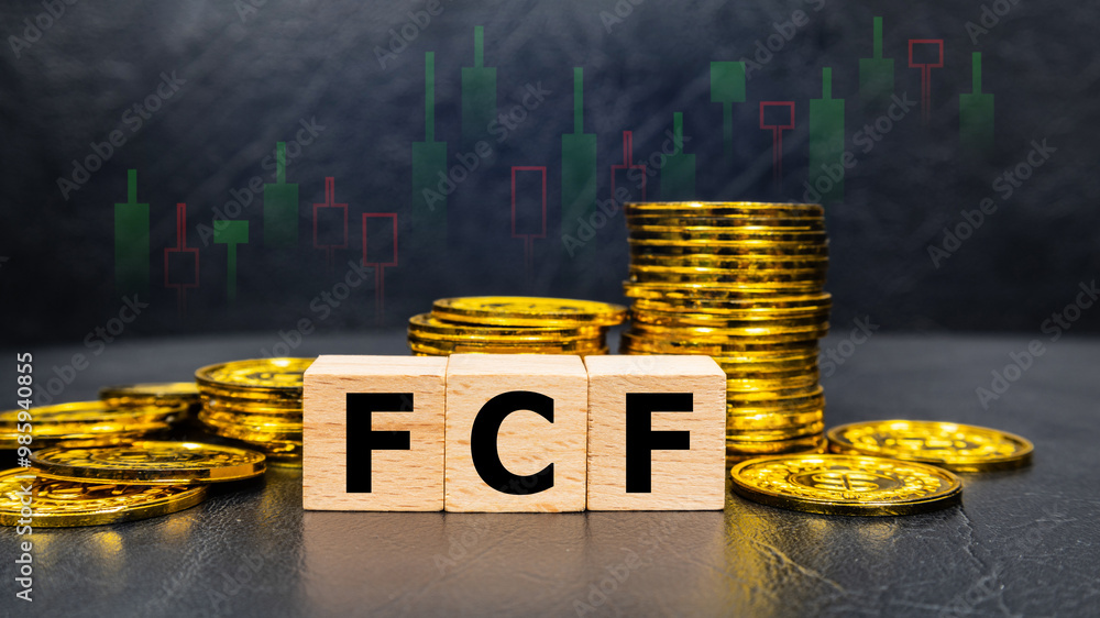 The inscription FCF text on wooden cubes with stack of coin on black ...