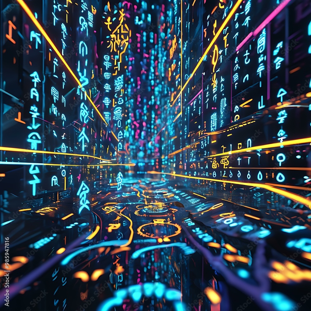 A vibrant abstract scene where glowing runes are seamlessly integrated ...