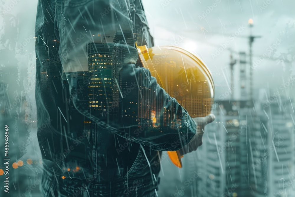 Engineer promotes safety with yellow helmet amidst stormy construction ...