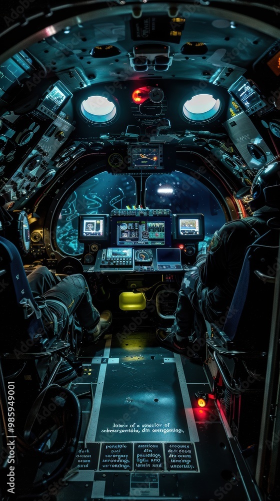 Two pilots sitting in a futuristic submersible cockpit exploring the ...